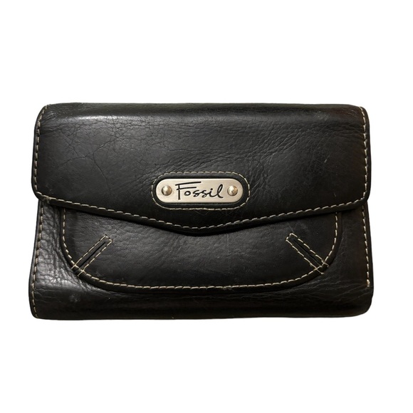 Fossil | Bags | Vintage Fossil Folding Clutch Wallet Black Leather ...